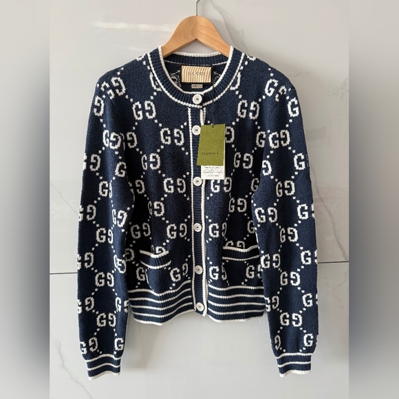 Gucci | Sweaters | Gucci Navy Blue Gg Jacquard Knit Cardigan | Poshmark